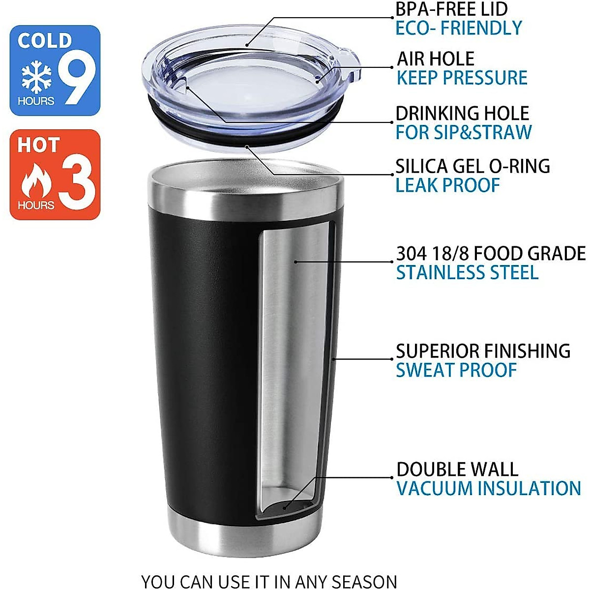 HASLE OUTFITTERS 20oz Tumblers Stainless Steel Mugs with Lid Double Wall Vacuum Insulated Coffee Cups for Cold & Hot Drinks (20oz-Black, 12 Pack)