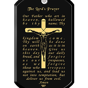 Lord's Prayer Crucifix Cross Necklace Onyx Dog Tag Pendant 24k Gold Inscribed, 20" 925 Sterling Silver