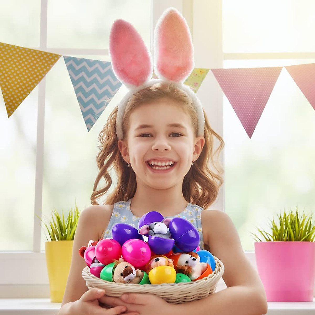 NEWBEA 24 Pcs Filled Easter Eggs with Plush Animal Toys,Plastic Easter Eggs with Toys Basket Stuffers Fillers, Classroom Prize Supplies