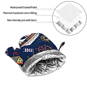 Nautical Sailboat Anchor Lighthouse Oven Mitts and Pot Holders Sets of 4,Non-Slip Heat Resistant Oven Gloves for Baking Cooking Grilling BBQ