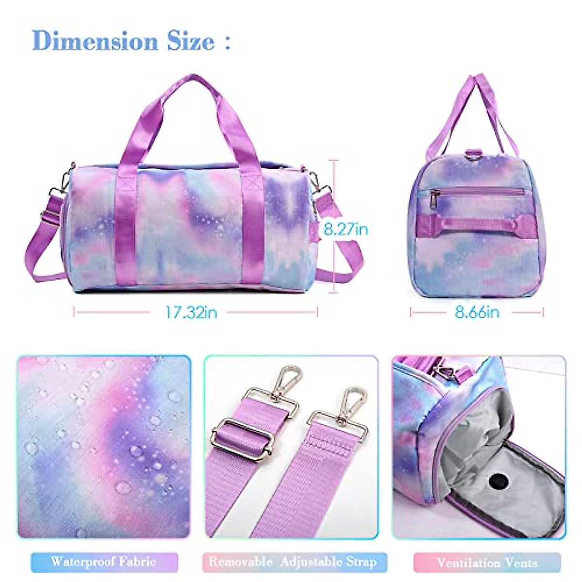 RUGICI Dance Bag for Girls Kids Travel Duffel Bags Waterproof Sports Gym Bag for Women, Tie-dye Teen Overnight Duffel Bag with Shoe Compartment Ballet Small Gym Bag（Silver Purple）