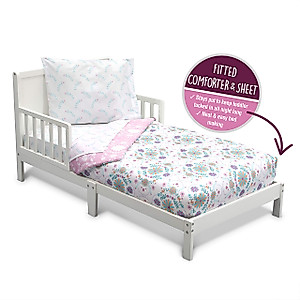 Delta Children 4 Piece Toddler Bedding Set for Girls - Reversible 2-in-1 Comforter - Includes Fitted Comforter to Keep Little Ones Snug, Bottom Sheet, Top Sheet, Pillow Case - Pink Bohemian