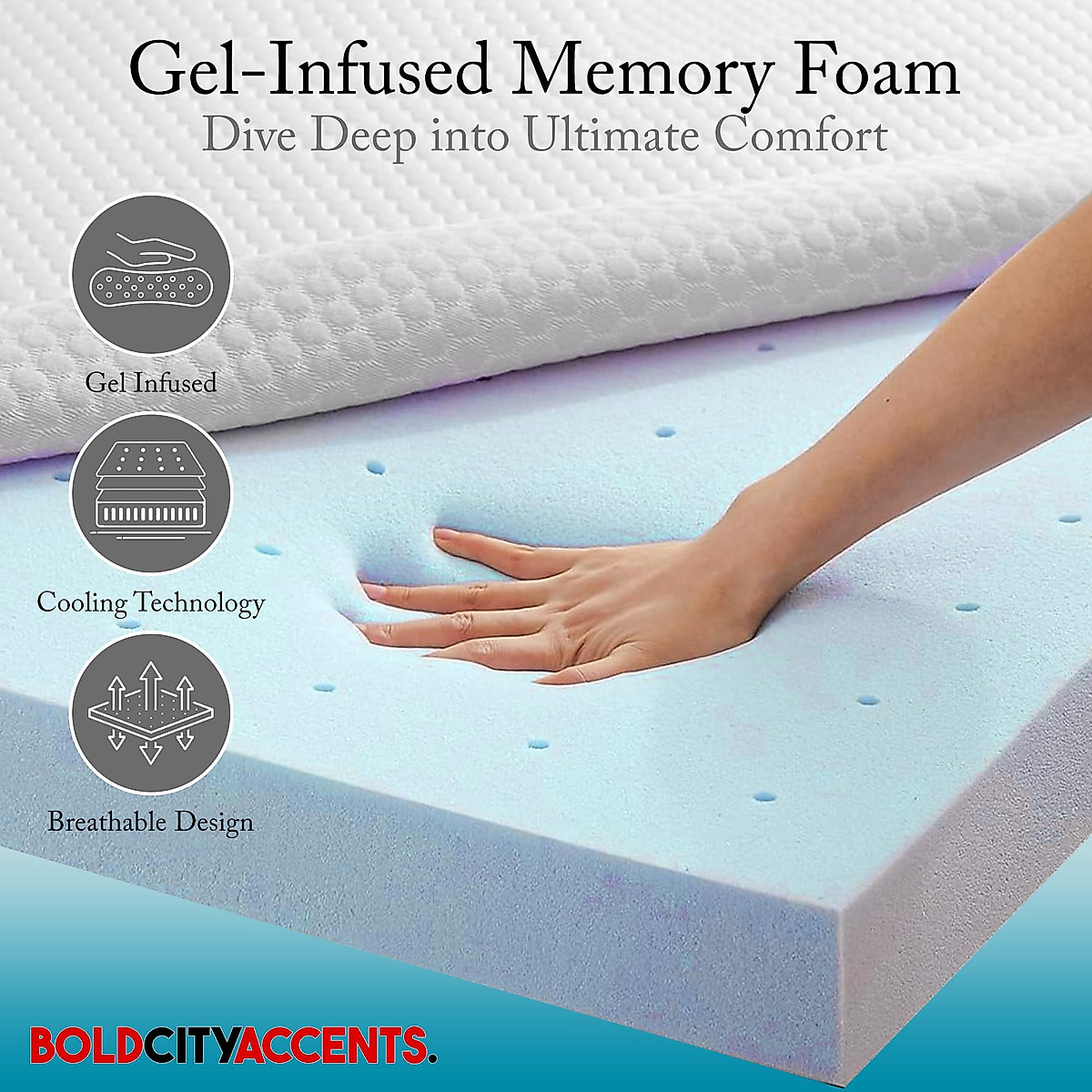 Bold City Accents Memory Foam Mattress Topper - 2 Inch Gel Infused Medium Soft Full Size Mattress Topper - Cooling Mattress Topper Full, CertiPUR-US Certified