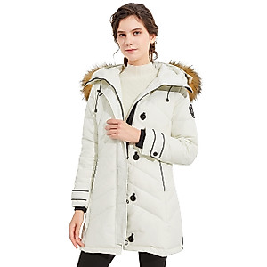 Orolay Women's Hooded Slim Puffer Jacket Quilted Mid Length Winter Down CoatWhite L
