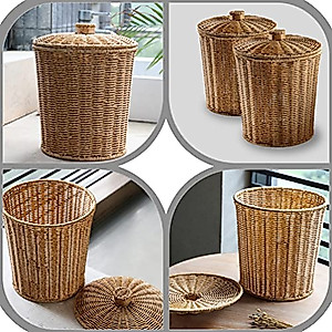 Hemoton Imitation Rattan Storage Basket- Wicker Waste Basket with Lid, Floor Baskets for Living Room, Bed Room& Laundry Room