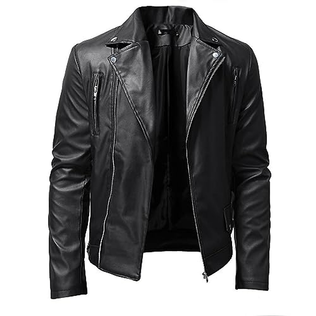 Mens Leather Motorcycle Jacket Vintage Lightweight Soft Patent Faux Leather Jacket Slim Lapel Zip Long Sleeve Jacket(Black,Large)