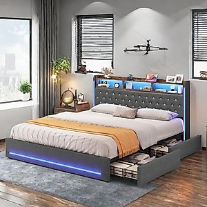 YITAHOME Queen Size Bed Frame w/4 Drawers, Upholstered Bed Frame with LED Lighting, Storage Bed Frame w/Device Charging Hub, Box Spring Not Required, Elegant Gray