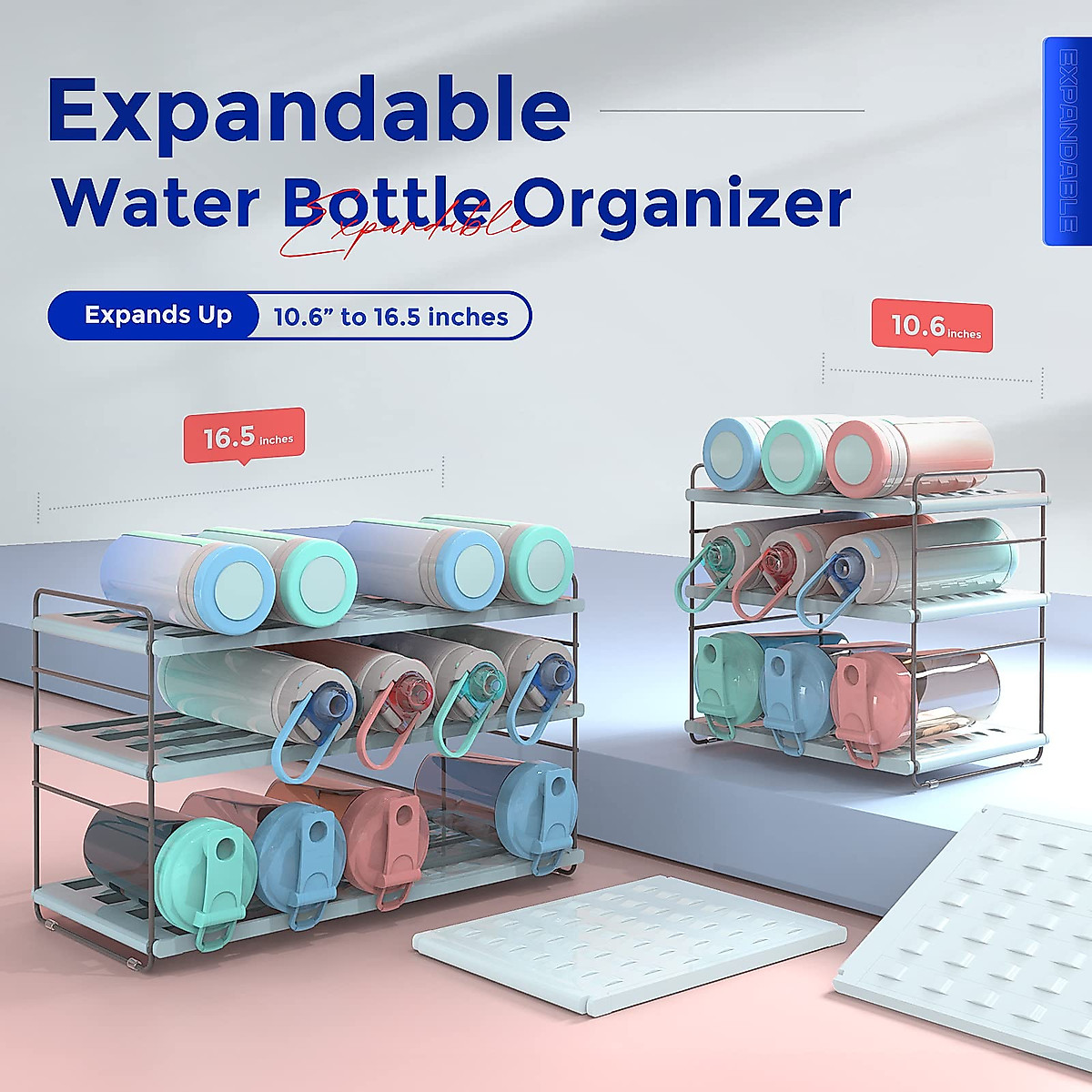Water Bottle Organizer for Cabinet, 3-Shelf Expandable & Height Adjustable Storage Rack for Kitchen Cabinets Pantry, Tumbler Organizer for Cups with Straws, Holds 15 Bottles (Powder Blue)