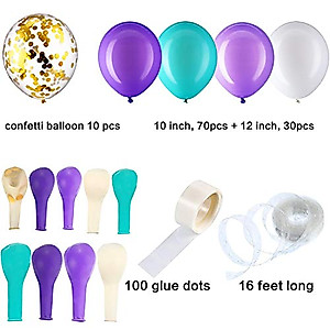 Tatuo 112 Pieces Purple Balloon Garland Kit White Purple Confetti Latex Balloon Arch Garland for Wedding Birthday Graduation Baby Shower Party Decorations(Purple Green)