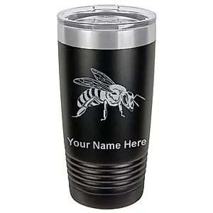 LaserGram 20oz Vacuum Insulated Tumbler Mug, Honey Bee, Personalized Engraving Included (Black)