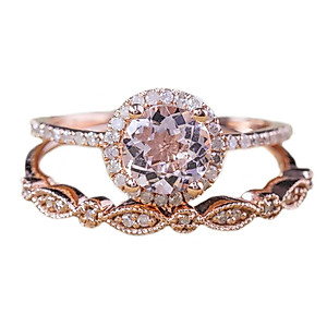 Koguxuix 18K Rose Gold Ring Set Pink Elegant Morganite CZ Crystal Gemstone Wedding Bridal Ring Set (9)