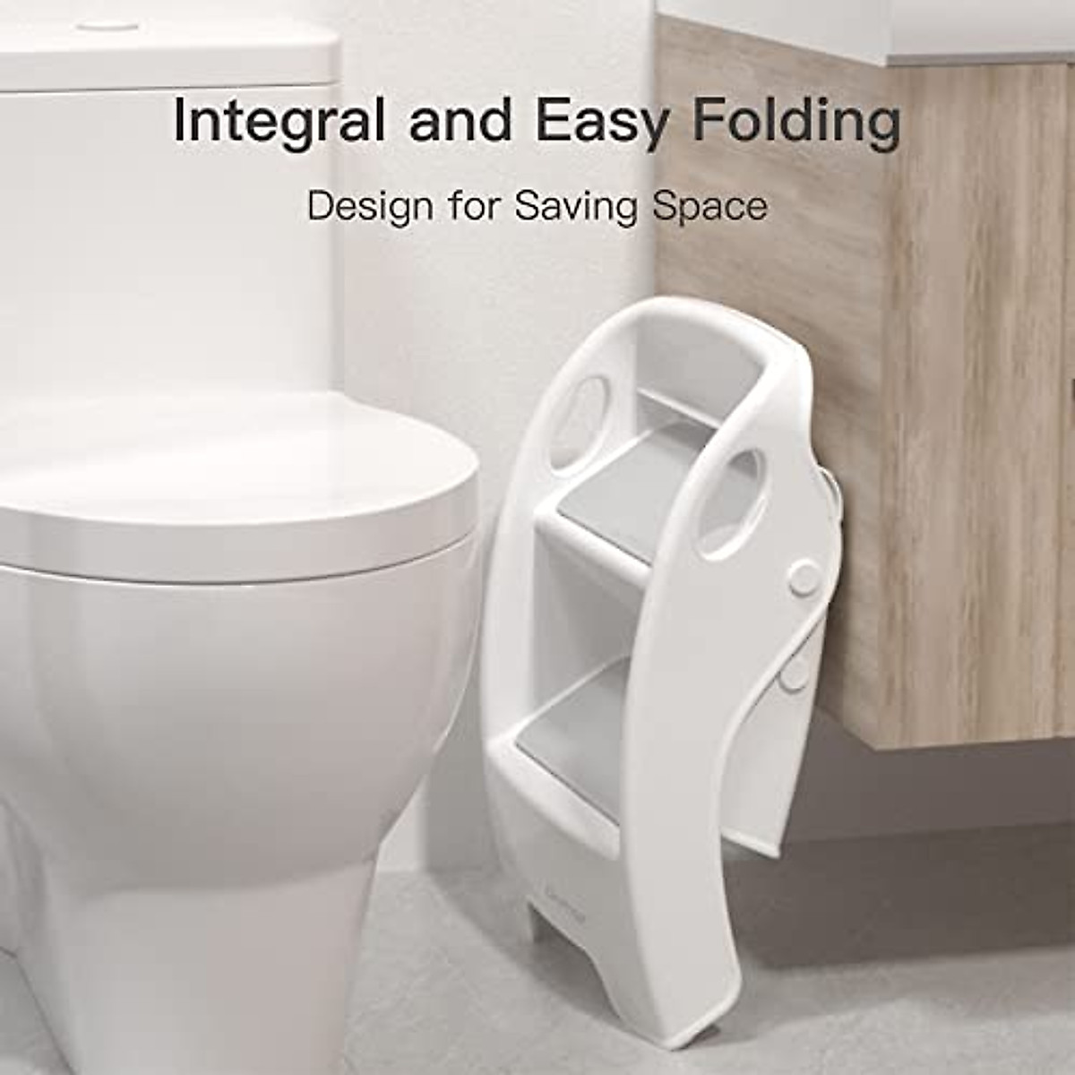 Step Stool for Kids, Toddler Step Stool for Bathroom Sink and Potty Training, Foldable and Integral Kitchen Helper 2-Step Stool with Handles and Slip-Resistant Soft Grips (Grey)