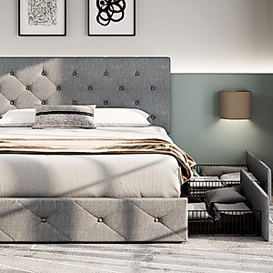 Allewie Upholstered Queen Size Platform Bed Frame with 4 Storage Drawers and Headboard, Diamond Stitched Button Tufted Mattress Foundation with Wooden Slats Support, Light Grey