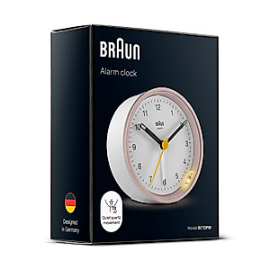 Braun Classic Analogue Alarm Clock with Snooze and Light, Quiet Quartz Movement, Crescendo Beep Alarm in White and Rose, Model BC12PW.