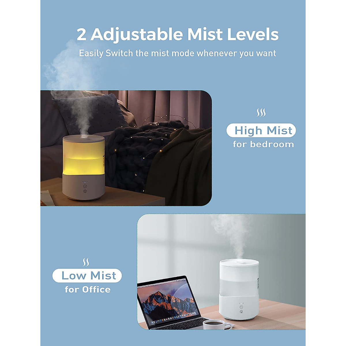 Cool Mist Humidifier, 2-in-1 Essential Oil Diffuser for Baby Kids Nursery, 2.5L Top Fill Humidifier with 7-Color Night Lights for Bedroom Office, Humidifier with Adjustable Mist Mode, Auto Shut Off