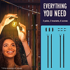 Holiday Styling String Light Poles w/Hooks for Outdoor String Lighting , Metal - Patio Light Accessories Ideal for Backyard, Weddings, and Parties