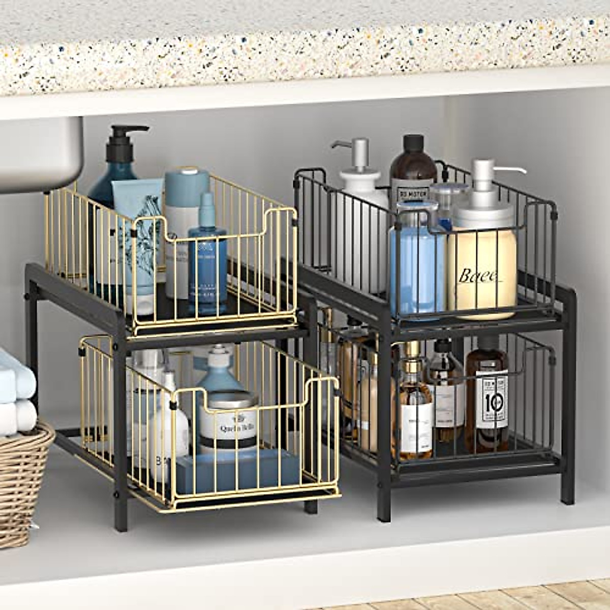 2 Tier Under Sink Organzier, NPPLUS Iron Under Sink Cabinet Organizers With Sliding Drawer, Pull-Out Home Organizer For Bathroom, Kitchen - Black