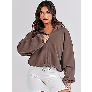 ANRABESS Jacket for Women Full Zip Oversized Fleece Crop Sherpa Coat Long Sleeve Drop Shoulder Stand Collar Drawstring Hem Soft Cozy Thick Trendy Winter Tops Outfits 1097qianzong-L