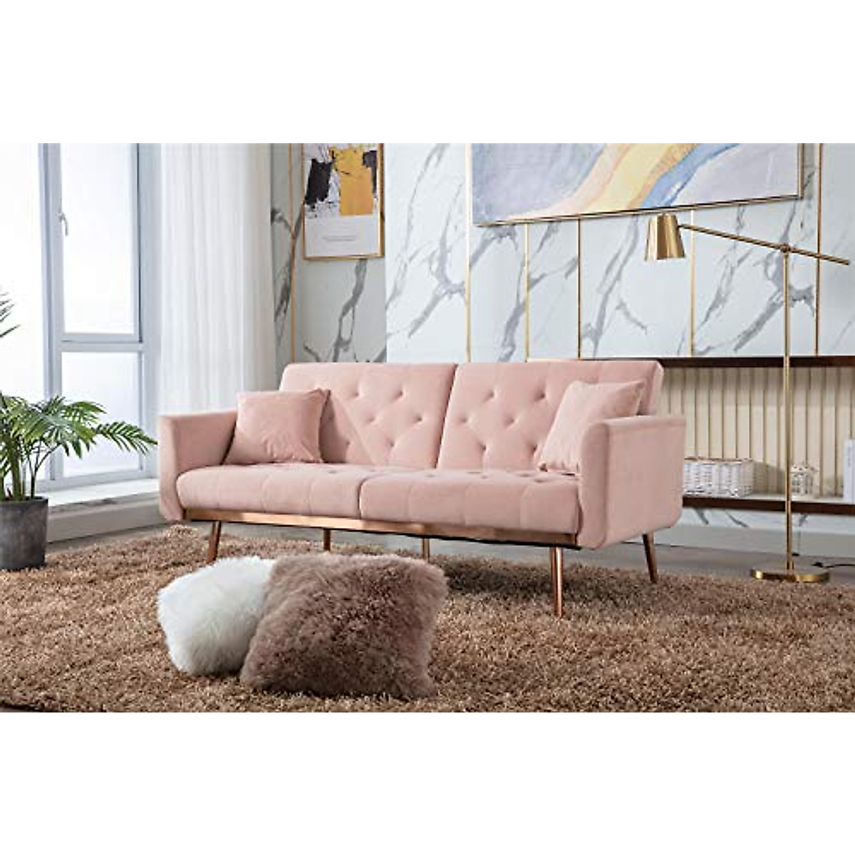 Voohek Velvet Futon Sofa, Tufted Loveseat Couch, Convertible Sleeper Bed, Accent Recliner with Golden Metal Legs & 2 Pillows for Home Living Room Bedroom, Pink