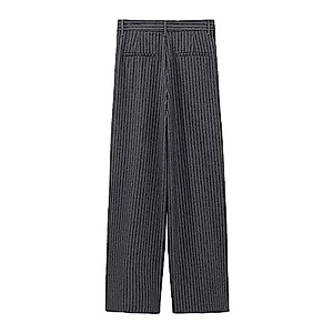 Women Side Pockets Pinstripe Straight Pants Vintage High Waist Zipper Fly Female Trousers S