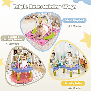 HONEY JOY Baby Bouncer Activity Center, 3-Stage Bouncing Activity Saucer & Playtime Mat & Activity Table, Toy-Bar, 3 Adjustable Heights, Foldable Exersaucer for Infants & Toddlers(Pink)