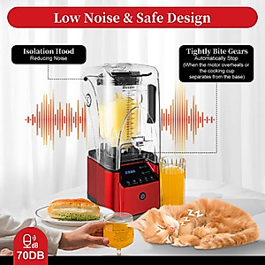 YUNLAIGOTOP Quiet Commercial Blender, 2200W Soundproof Cover Blender, Fruit Juice Smoothie Maker with Smart Touch Screen, High-Speed Blenders for Restaurants, Hotels, Homes, Parties (2.2L, Red)