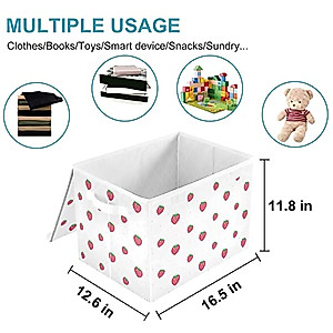 CaTaKu Small Cute Strawberry Storage Bins with Lids Fabric Large Storage Container Cube Basket with Handle Decorative Storage Boxes for Organizing Clothes Shelves