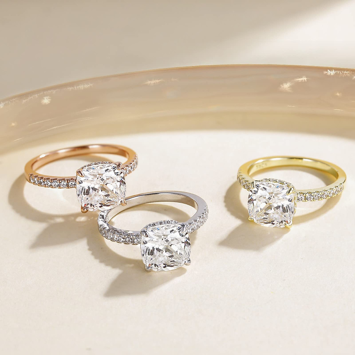 EAMTI 3.5CT 925 Sterling Silver Rings Cushion Cut Cubic Zirconia CZ Engagement Wedding Bands for Women Promise Rings for Her Size 7.5