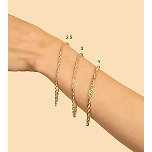 Olive & Chain 14k Solid Gold Rope Chain Bracelet for Men/Women, Diamond Cut, Yellow Gold, Hypoallergenic, Lobster Clasp Closure