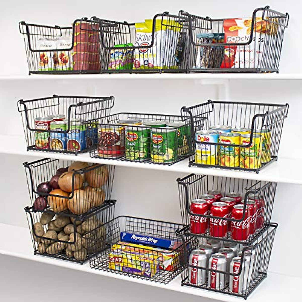 Sorbus Wire Metal Basket Bin, Stackable Storage Baskets, Cubby Bins for Food, Kitchen, Home, Pantry Snack, Vegetable, Potato, Onion, Laundry Room, Office, Farmhouse, Iron Metal (3-Pack, Black)