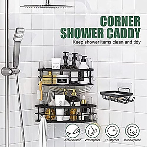AIFEIVICO Corner Shower Caddy, 3-Pack Adhesive Shower Shelves with Soap Holder, Large Rustproof Carbon Steel Bathroom Shower Organizer with 4 Hooks, No Drilling Wall Mounted Shower Rack (Black)