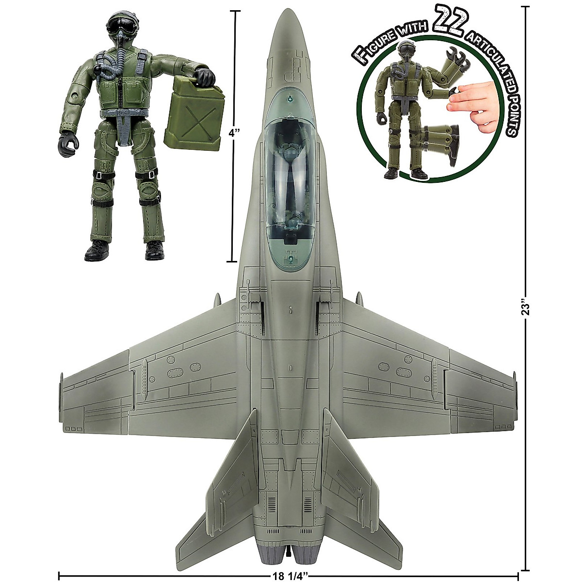 Click N’ Play Military Air Force F/A 18 Super Hornet Fighter Jet, 16 Piece Play Set with Accessories - Army Action Figures, Missiles, and More, Toy for Boys 6+,Grey