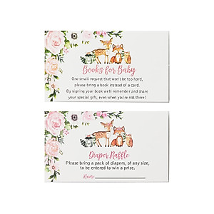 Boxed 25 Girl Woodlands Floral Greenery Baby Shower Invitations (Large Size 5X7 inches), Diaper Raffle Tickets, Book Request Cards with Envelopes Woodland Creatures Invites Fox, Deer, Owl, Raccoon