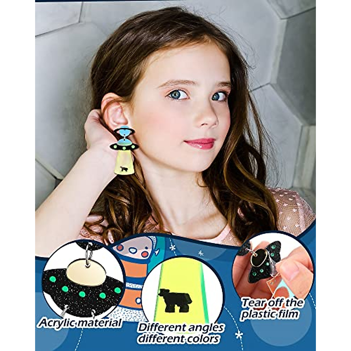 MTLEE 5 Pairs UFO Aliens Acrylic Earrings Cosmos Weird Earrings Women Novelty Fun Earrings Halloween Alien Earrings Glitter Space Earrings Cute Dangle Earrings for Girls, Multiple Colors