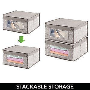 mDesign Medium Fabric Stackable Closet Storage Organizer Box with Front Window/Lid for Bedroom, Office, Mudroom Organization, Hold Clothes, Blankets, Linens, Lido Collection, 2 Pack, Linen/Tan