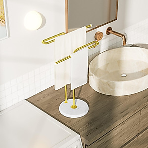Alsonerbay Hand Towel Holder Marble, Double T Hand Towel Stand for Bathroom Counter Gold, 17" Height Free Standing Hand Towel Rack with Heavy Base for Kitchen or Vanity Countertop