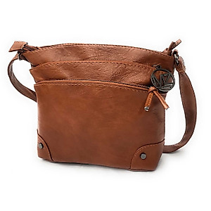MariaKinz Soft Leather 4 Zipper Pockets Crossbody Purse and Handbag (Brown)