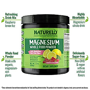 NATURELO Whole Food Magnesium Powder - Supports Stress Relief, Relaxation, Raspberry Lemon Flavor - 40 Servings | 7 oz
