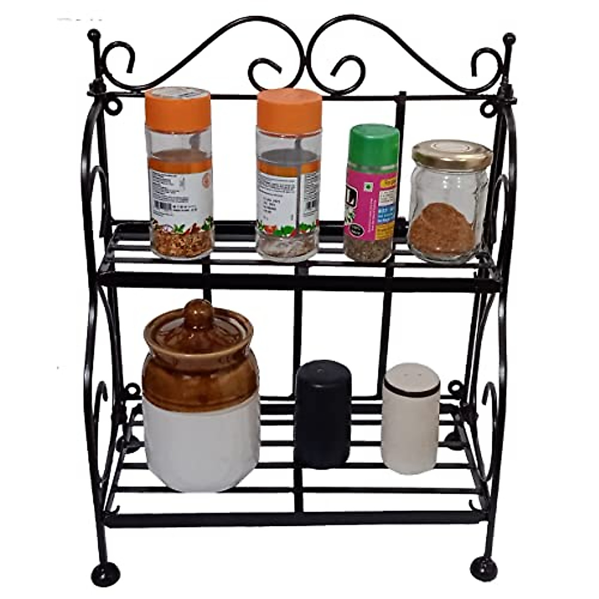 Purpledip Wrought Iron 2-Tier Foldable Table: Countertop Storage Shelf Rack Kitchen Bathroom Storage Organizer (12519)