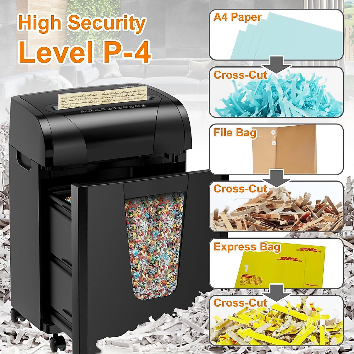 Suntiko Paper Shredder, 18-Sheet Cross Cut Level P-4, Shred Paper/Credit Card/CD, with Large Pull Out Bin，Insert Auto Jam Proof System Shredder for Home&Office