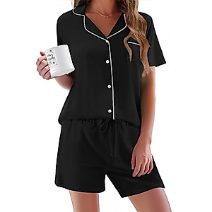 Ekouaer Pajamas Set for Women Short Sleeve Sleepwear Button Down Pjs Soft 2 Piece Lounge Sets Black X-Large