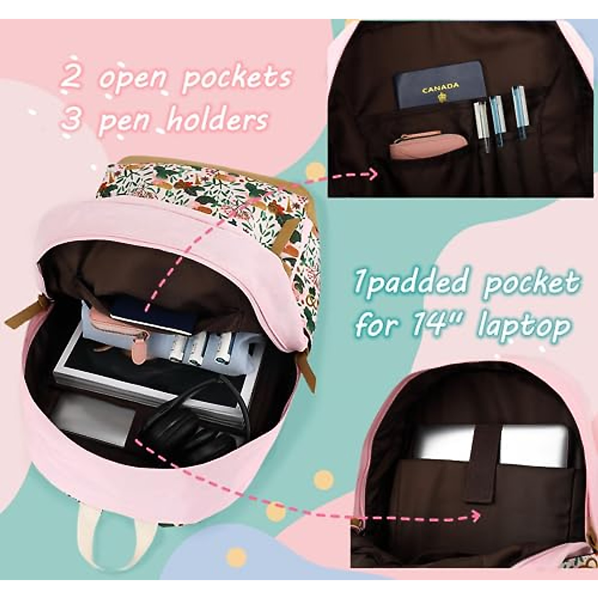 Leaper Floral Canvas Backpack Laptop Bag Daypack bag Lunch Bag Purse 3 in 1 Pink