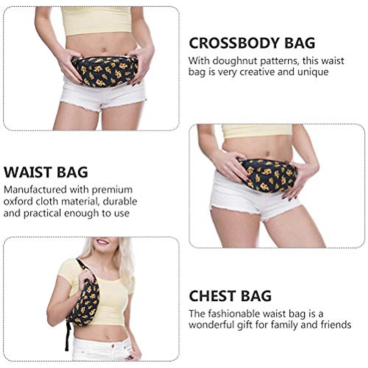 Amosfun 1 Pc Pizza Woman Outdoor Waist Bag Sport Travel Portable Chest Bag (Black) for Women