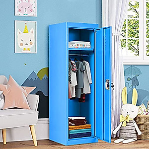 Costzon 48" Kids Locker Cabinet, Daycare Metal Coat Locker w/Hanging Rod & Shelf for Kids Room Bedroom School Classroom, 2-Tier Storage Locker w/ 2 Keys for Toys, Clothes, Sports Gear, Blue