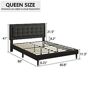 Lijimei Queen Size Bed Frame with Button Headboard, Platform Upholstered in Linen Fabric,Mattress Foundation with Wooden Slats Support, Easy Assembly, No Box Spring Needed, Dark Gray
