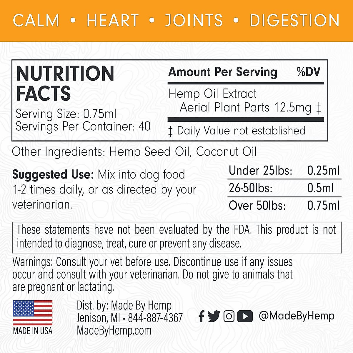 Made by Hemp - Hemp Oil for Dogs - Made in The USA - Holistic Relief for Stress, Pain, Inflammation - Hip and Joint Health - Sleep Aid - Dog Calming - Hemp Oil Drops for All Animals - 1 oz