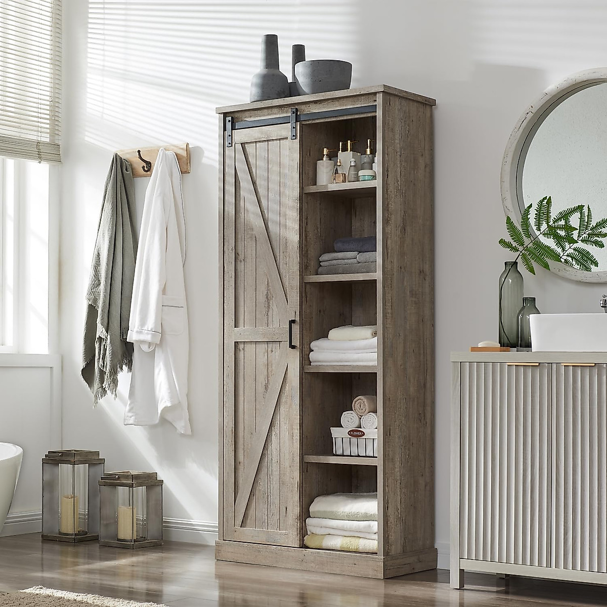 72” Tall Farmhouse Bookshelf, 32” Wide Large Modern Wooden Bookcase with Sliding Barn Door, 5-tier Display Cabinet with Adjustable Shelves, Storage Cabinet for Living Room, Bedroom, Light Grey