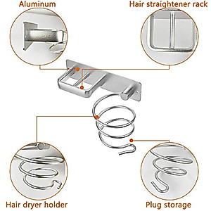 Exttlliy Wall Mount Aluminum Hair Blow Dryer Holder Organizer with Straightener Storage Stand Rack for Bathroom (Not Include Glue) (Silver)