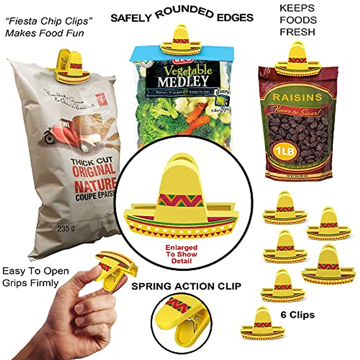 Sombrero Chip Clips, 6 Set Bag Clips, Tight Food Saver, Snack Bag Sealer, Air Tight Seal Grip for Food Storage, Chip Clip Bag Clip Food Clips, Fun Mini Sombrero Hats, Multipurpose Bread & Snack Bags