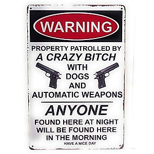 annekilly vintage Metal Aluminum Plaque Signs Guns Warning No Tresspassing Property Patrolled by a Crazy Bitch with Dogs Tin Sign for Home Bar Kitchen Pub Wall Decor Signs 12x8inch